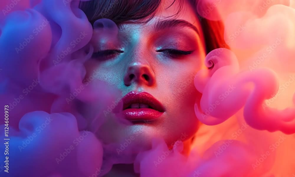 Serene Woman's Face Enveloped in Vibrant Pink and Purple Smoke Stock ...