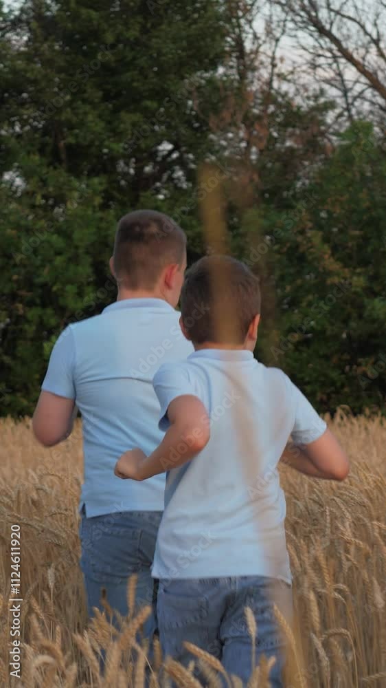 Happy cheerful children run across field holding hands. Children kids ...