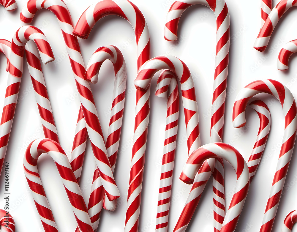 Festive candy canes with red and white stripes on white background ...