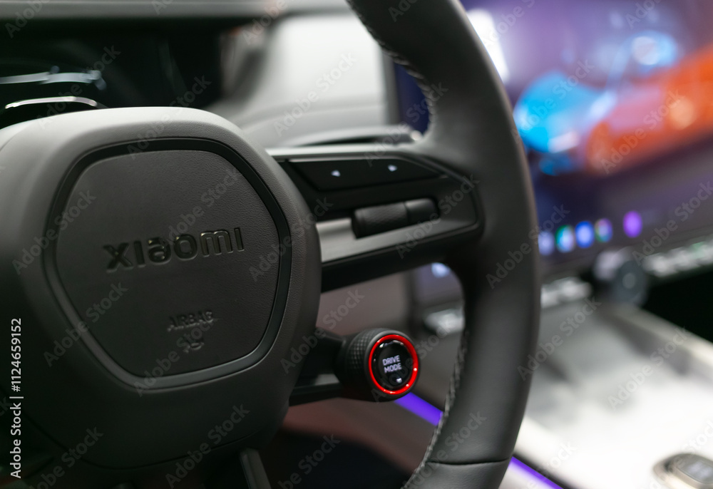 Xiaomi SU7 car from the China brand. Luxury car interior, steering ...