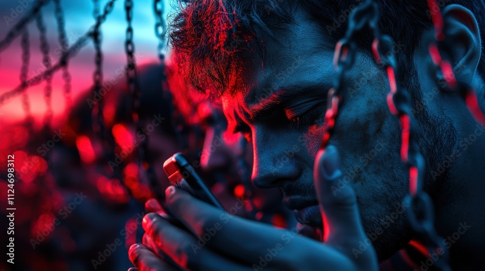 A close-up of a man's face lit in dramatic red light, showing his ...