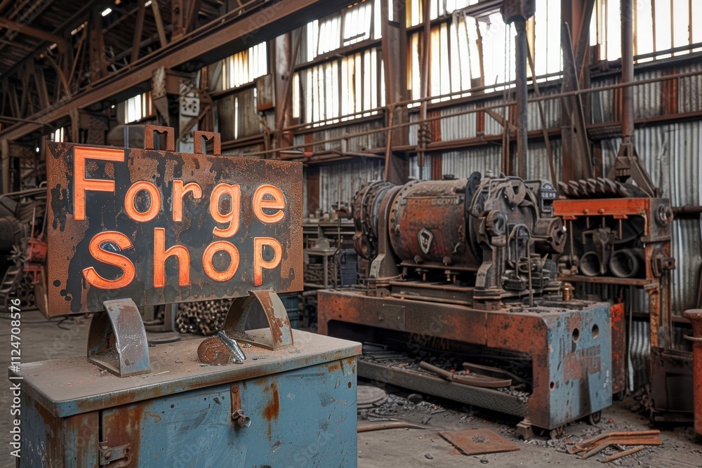 A sturdy sign stating "Forge Shop" in bold sans serif font, located at ...