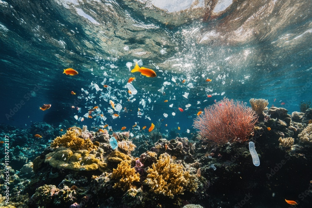 ภาพประกอบสต็อก Micro plastic pollution impacting coral reefs underwater ...