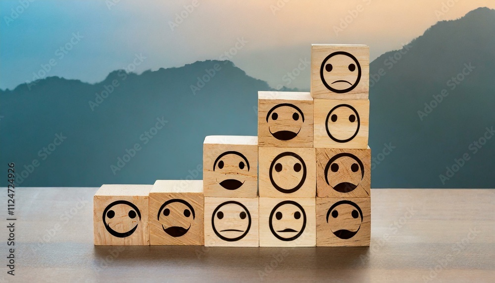 Wooden blocks displaying a sad face transitioning to a happy face ...