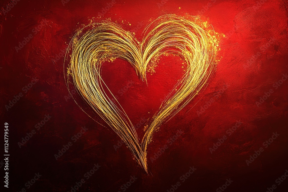 single heart is drawn in flowing golden lines on textured deep red ...