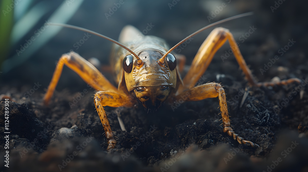 A Serene Depiction of a Mole Cricket Resting on Moist Soil Within Its ...