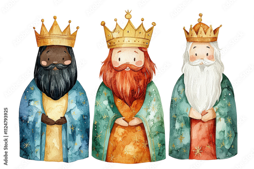 hermosa acuarela de los 3 Reyes Magos de Navidad, Melchor, Gaspar y Baltasar, con sus coronas ...