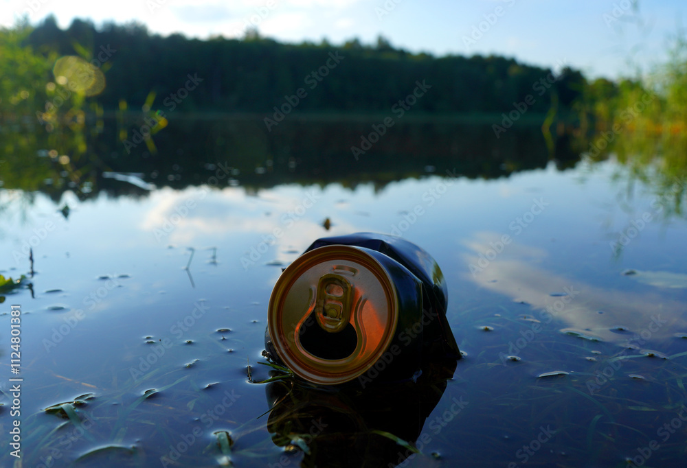 Beer can waste in lake. Empty metal soda can garbage, food waste in ...