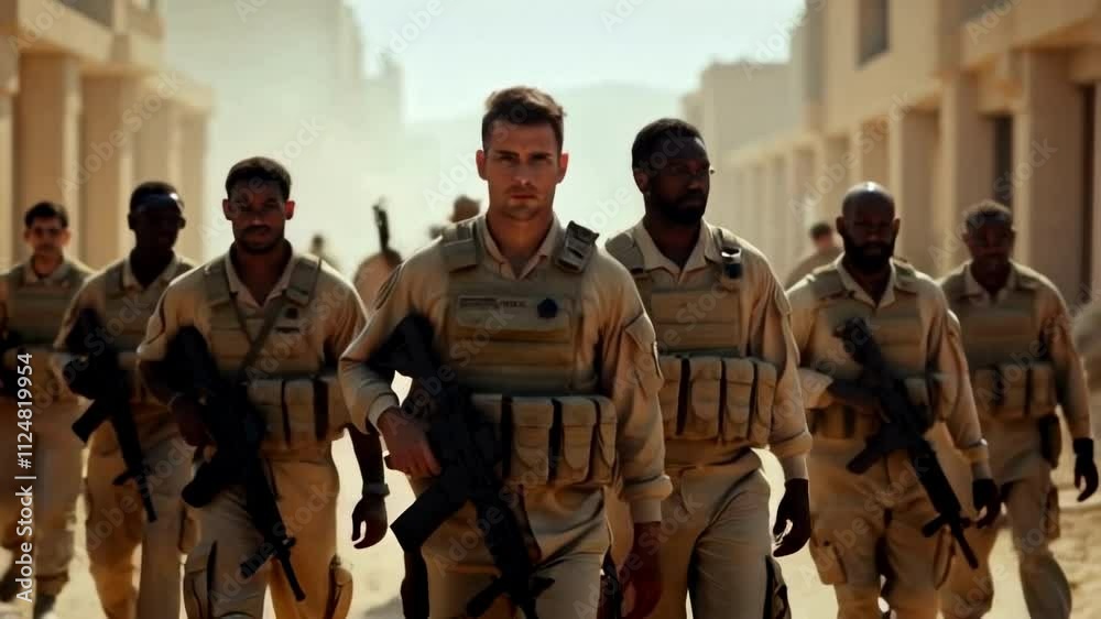 Modern soldiers in a dusty warzone, fully equipped and facing the ...