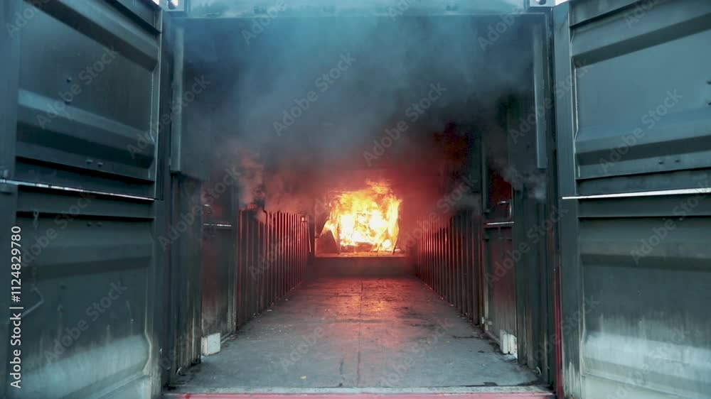 Fire burns in a metal container during a fire drill. Bright flames ...