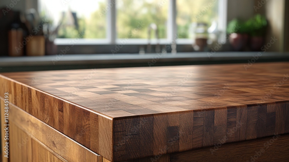 Aged butcher block tabletop in a rustic kitchen: rich maple and honey ...