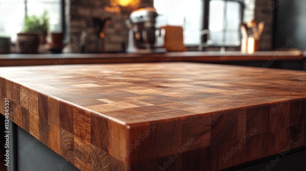 Aged butcher block tabletop in a rustic kitchen: rich maple and honey ...