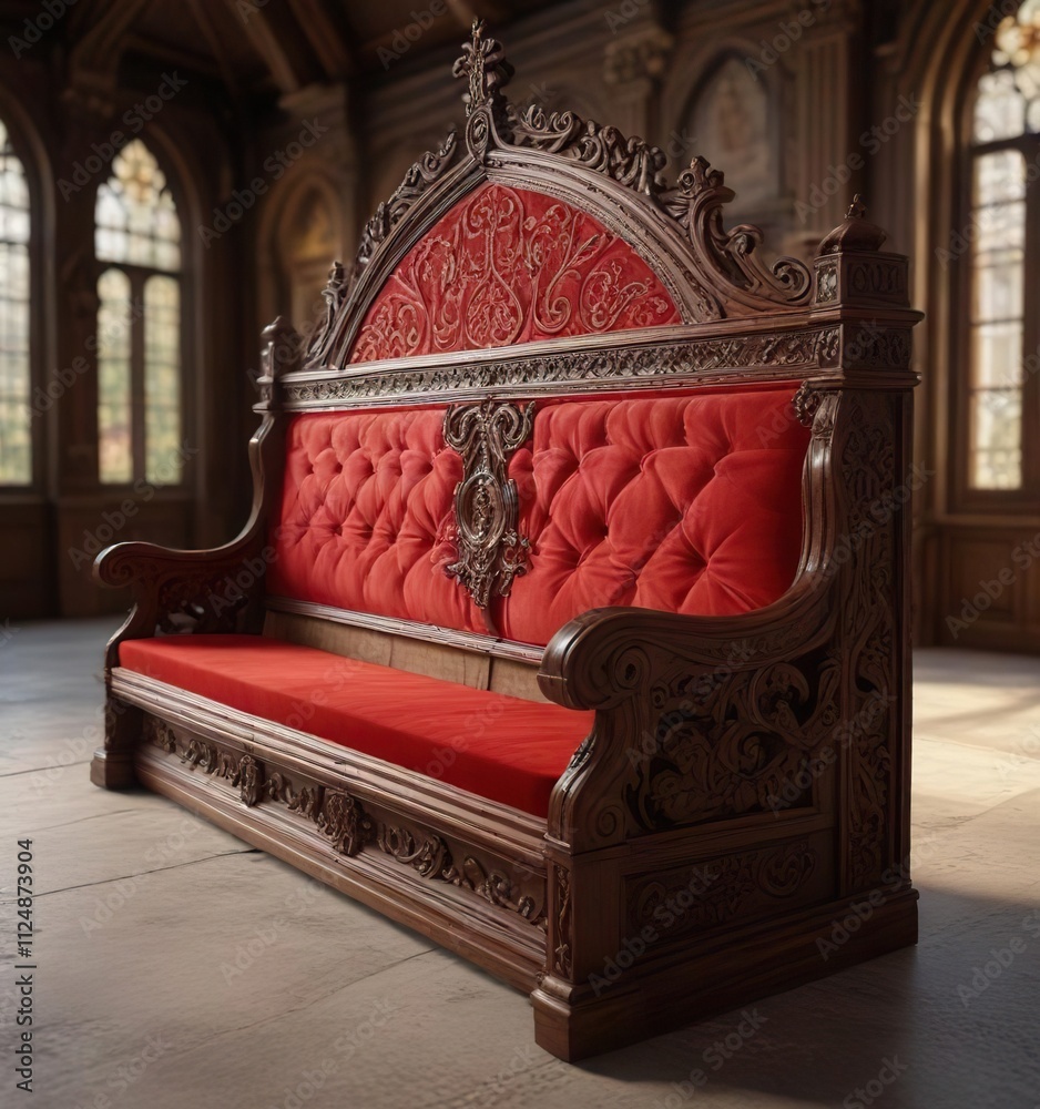 Red velvet cushioned church pew with intricate carvings and ornate ...
