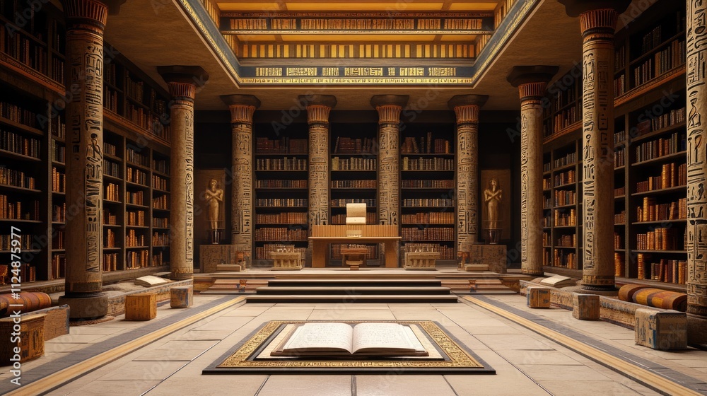 Ancient fundamental majestic Egyptian library, ancient books, papyri ...
