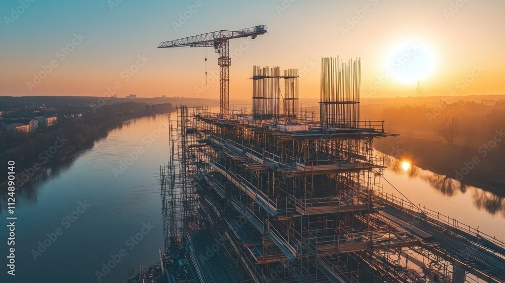 Massive bridge deck construction over a river: scaffolding, rebar cages ...