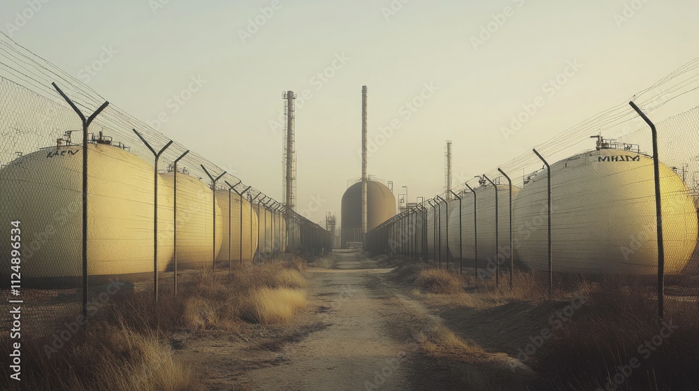Rows of large storage tanks aligned in a fenced area, with pipes ...