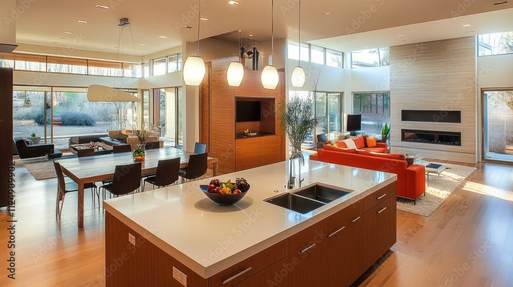 floor plan with an integrated kitchen island and living room for modern ...