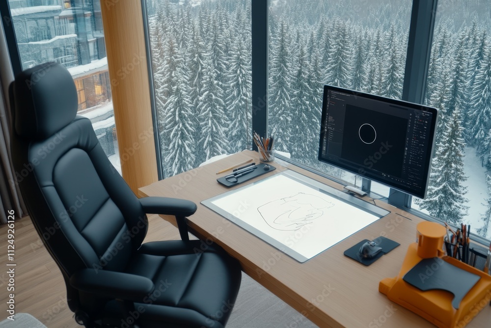 An artistâ€™s workspace with a lightbox, sketching tools, and a ...