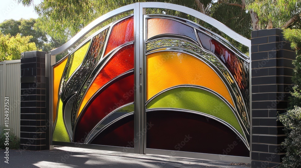Curved modern gate design, using stainless steel and tinted acrylic ...