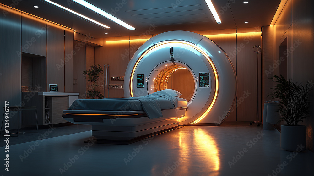 Futuristic MRI Room: Sleek, modern medical technology. A patient lies ...