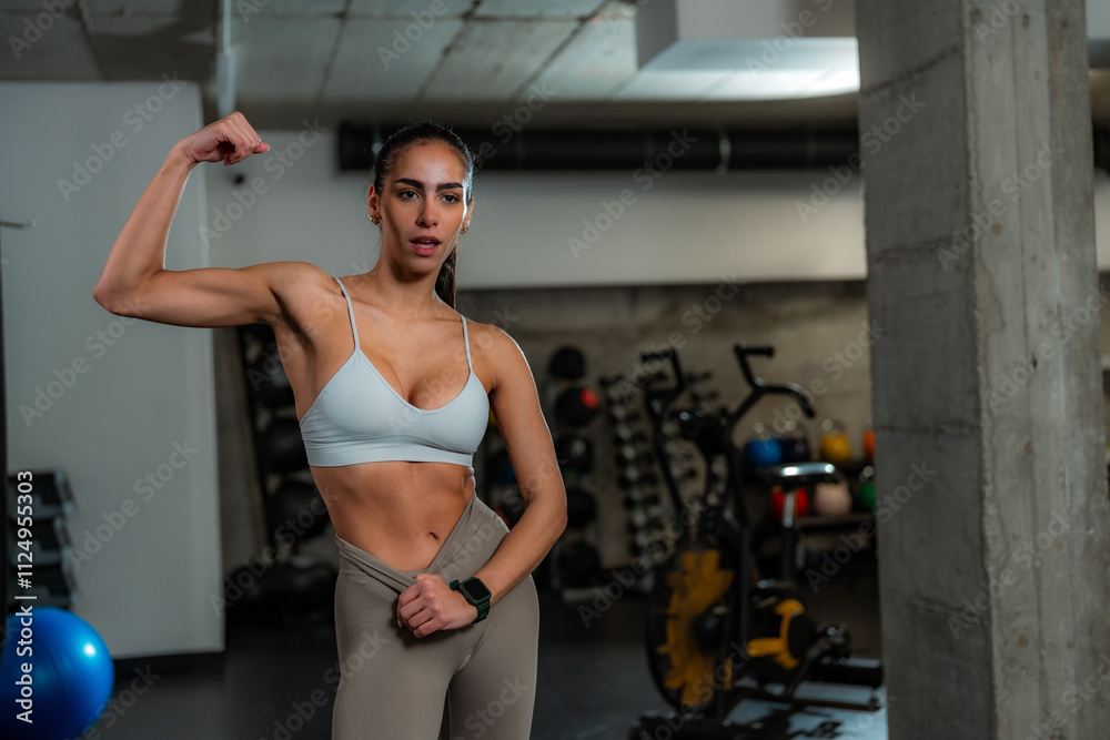 Satisfied smile lights up the face of a fitness trainer as she flexes her bicep, checking her ...