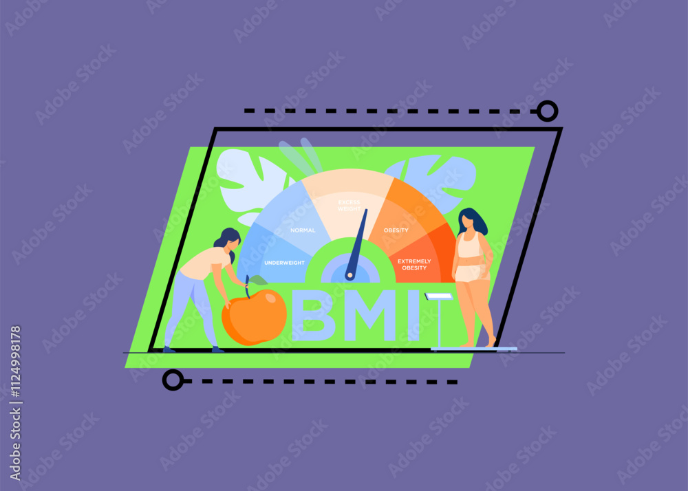 Tiny women near obese chart scales isolated flat vector illustration ...