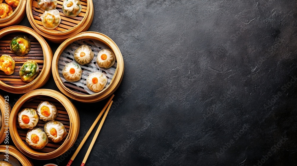 elegant spread of dim sum in bamboo steamers styled on dark slate ...