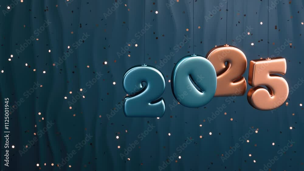 New Year 2025 looping video with hanging metallic numbers in blue and ...