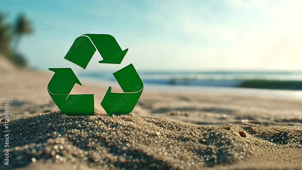 Green recycling symbol on a softly blurred beach background ...