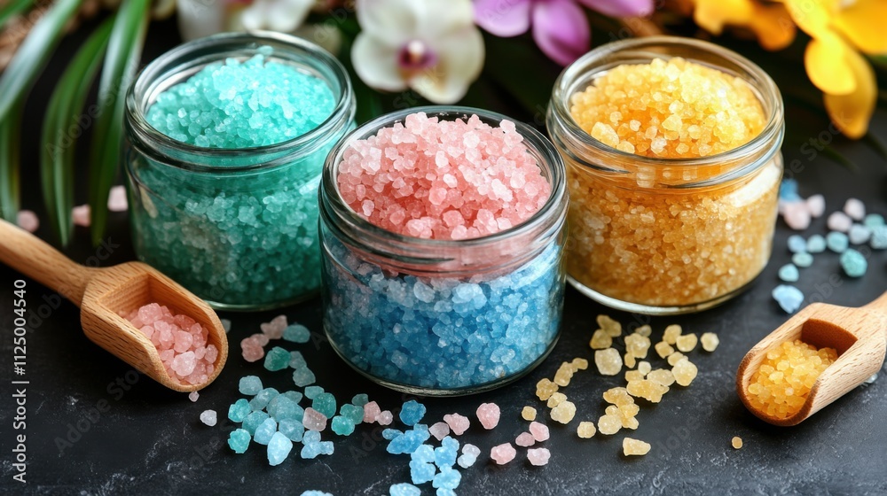 Colorful jars filled with bath salts in pink, blue, and yellow ...