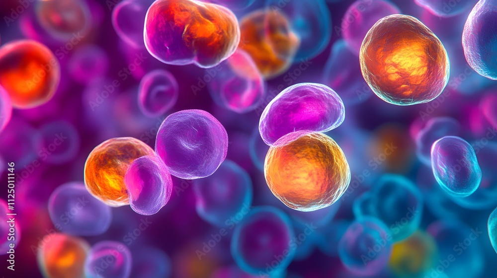 Blood cells glowing with vibrant colors, each one appearing to twist ...