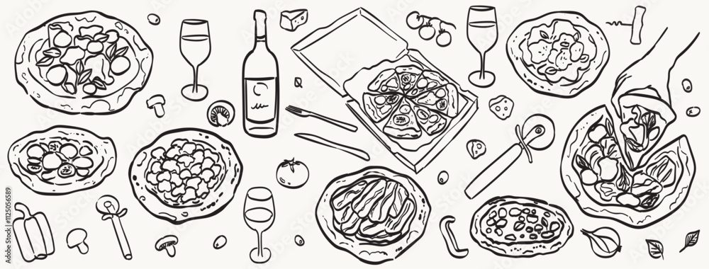 Hand drawn crayon food illustration. Sketch style lunch or dinner icons ...