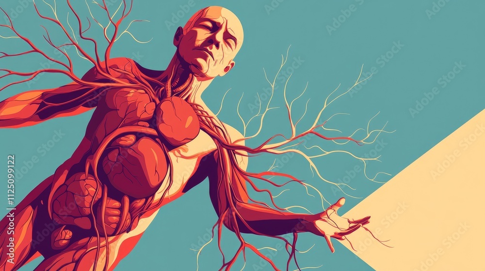 An artistic representation of the human circulatory system, showing ...