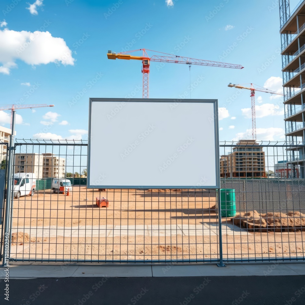 Empty white signage mounted on metal fence outside blank advertising ...