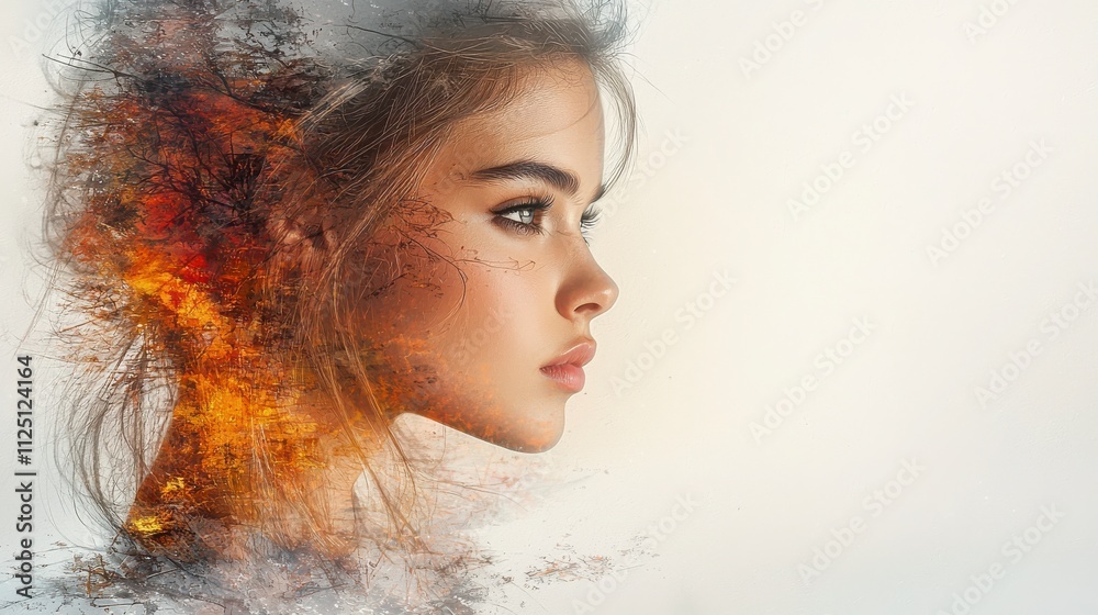 Double exposure portrait of a young woman with a contemplative look ...