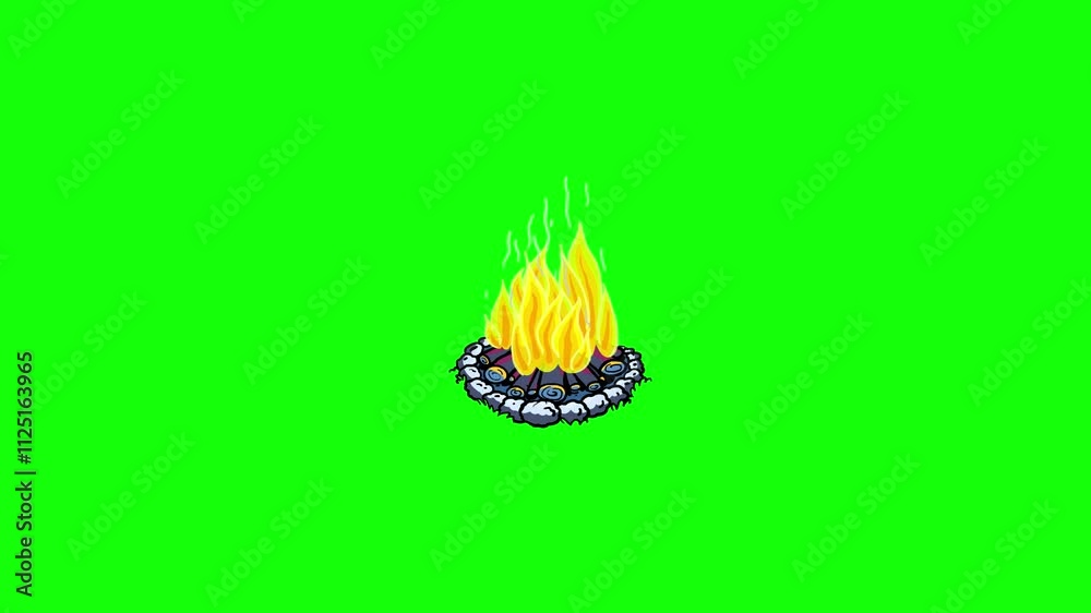 Campfire burning green screen background. Cartoon fire flame animation ...