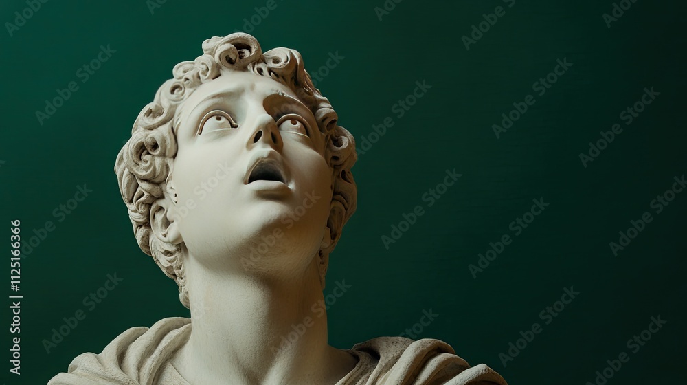Surprised Greek statue set against a deep green backdrop, contrasting ...
