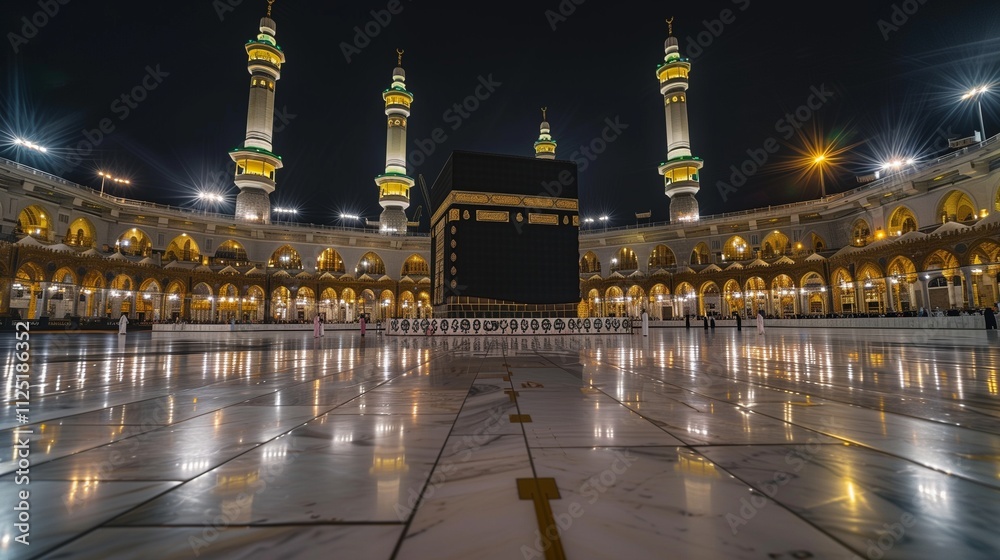 The Kaaba in Mecca, illuminated at night with soft golden lights ...