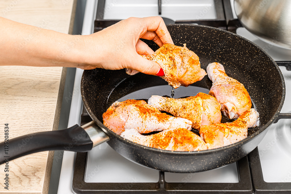 housewife fries chicken legs in a frying pan. woman puts chicken ...