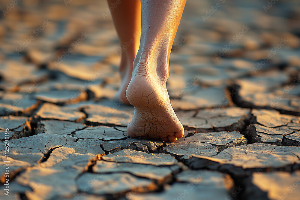 Bare feet of a man walking on cracked dry earth. Global warming. Lack ...