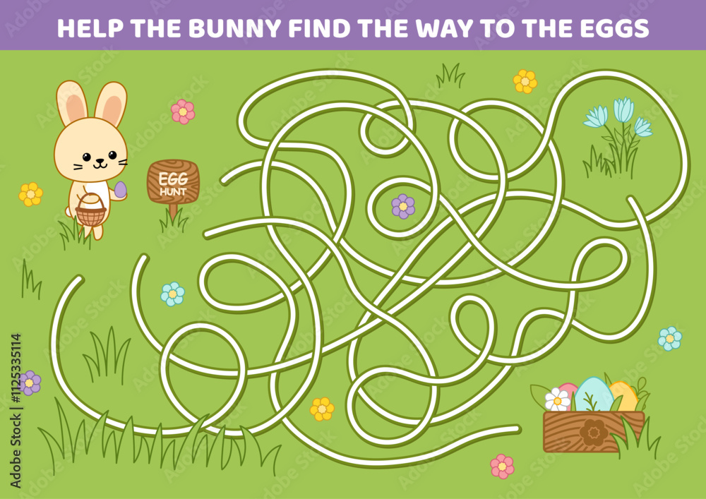 Egg hunt, maze. Choose right path to the box of Easter eggs. Cartoon ...