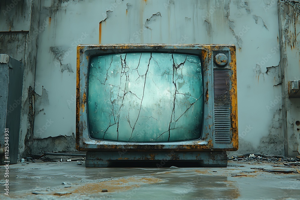 An old, rusty and broken television set stands alone in a decaying ...