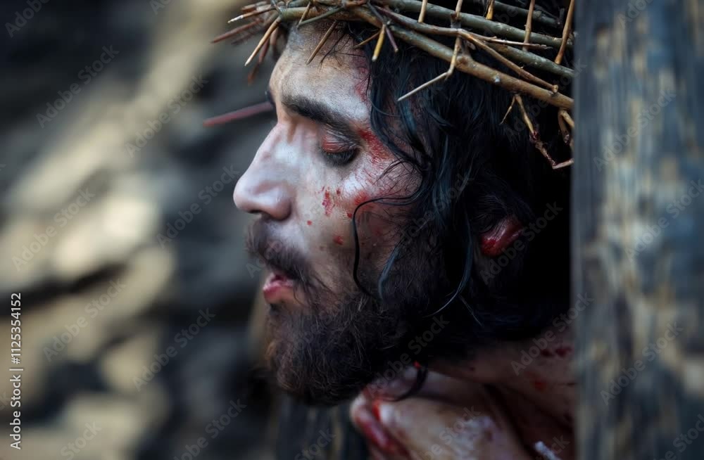Actor portraying jesus christ suffers on the cross, wearing a crown of thorns and expressing ...