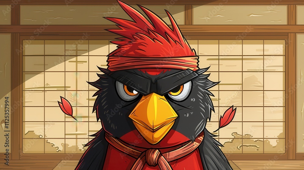 Cartoon bird face with a karate headband, dojo background with belts ...