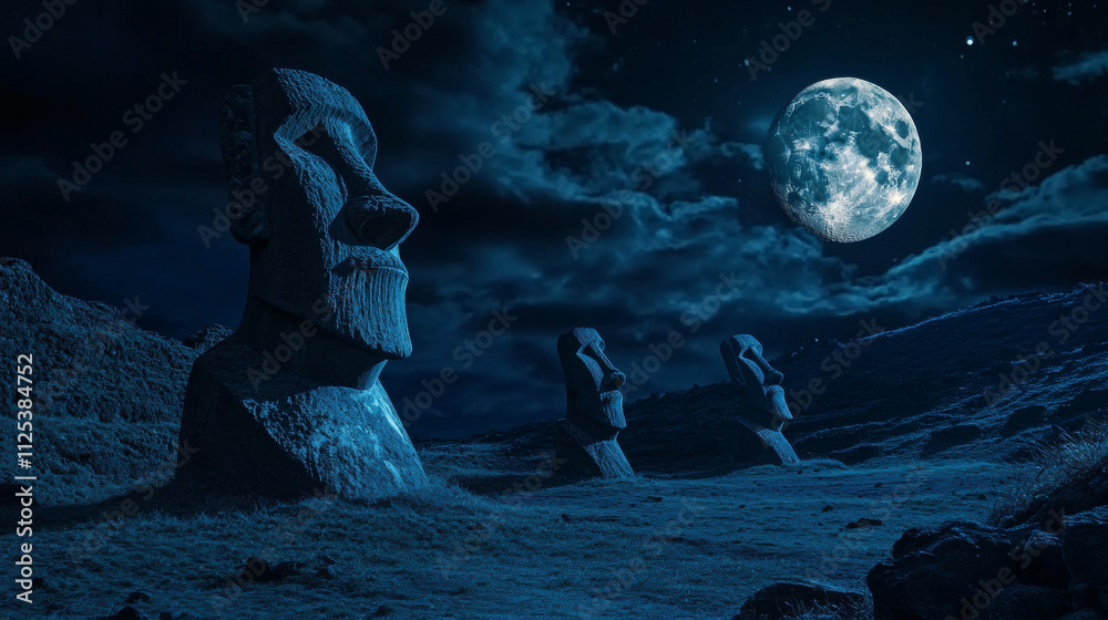 Moai statues and pyramids at night, republic of Chile travel famous ...