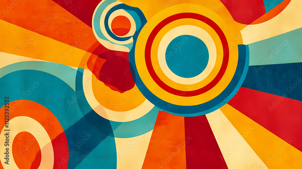 Overhead retro carnival swirl, abstract sun and rainbow pattern, bold ...