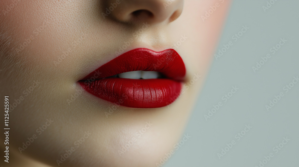 Woman's lips are painted red. The lips are full and plump, and the ...