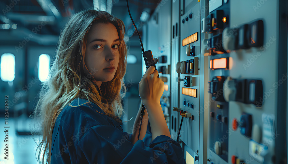 Young lady operator hold radio walkie talkie communicate with colleague ...