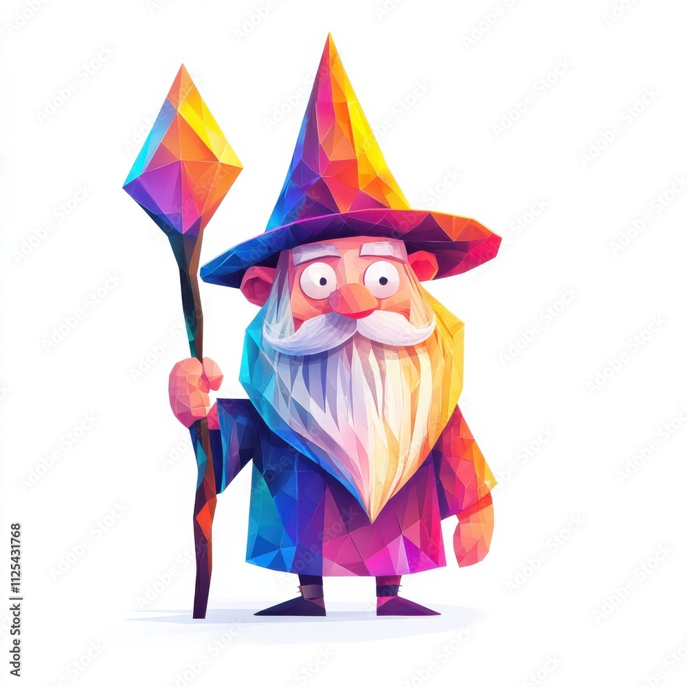 Colorful wizard character holding a crystal staff in a modern low-poly ...