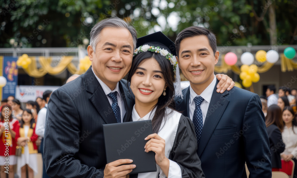 Graduation celebration with family, featuring proud graduate holding ...
